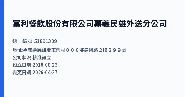 富利餐飲股份有限公司嘉義民雄外送分公司的照片-統編 51891309(嘉義縣) 公司登記資料與營業項目詳細圖表