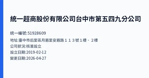 統一超商股份有限公司台中市第五四九分公司的照片-統編 51928609(臺中市) 公司登記資料與營業項目詳細圖表