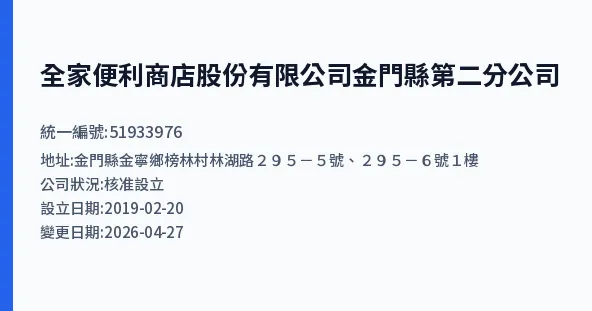 全家便利商店股份有限公司金門縣第二分公司的照片-統編 51933976(金門縣) 公司登記資料與營業項目詳細圖表