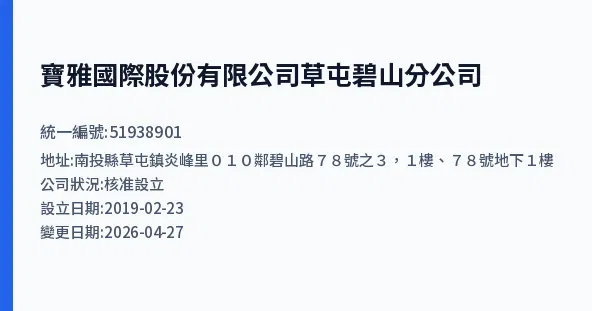 寶雅國際股份有限公司草屯碧山分公司的照片-統編 51938901(南投縣) 公司登記資料與營業項目詳細圖表