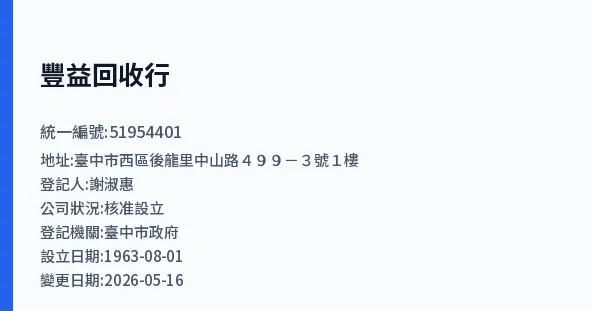 豐益回收行的照片-統編 51954401(臺中市) 公司登記資料與營業項目詳細圖表