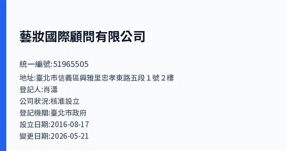 藝妝國際顧問有限公司的照片-統編 51965505(臺北市) 公司登記資料與營業項目詳細圖表