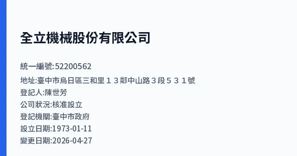 全立機械股份有限公司的照片-統編 52200562(臺中市) 公司登記資料與營業項目詳細圖表