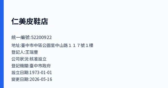仁美皮鞋店的照片-統編 52200922(臺中市) 公司登記資料與營業項目詳細圖表