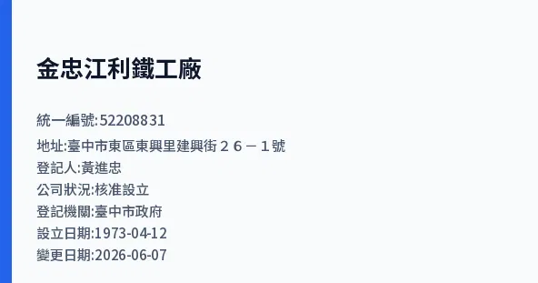 金忠江利鐵工廠的照片-統編 52208831(臺中市) 公司登記資料與營業項目詳細圖表