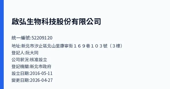 啟弘生物科技股份有限公司的照片-統編 52209120(新北市) 公司登記資料與營業項目詳細圖表