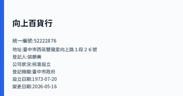 向上百貨行的照片-統編 52222876(臺中市) 公司登記資料與營業項目詳細圖表