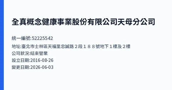 全真概念健康事業股份有限公司天母分公司的照片-統編 52225542(臺北市) 公司登記資料與營業項目詳細圖表