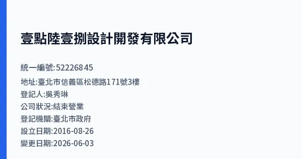 壹點陸壹捌設計開發有限公司的照片-統編 52226845(臺北市) 公司登記資料與營業項目詳細圖表