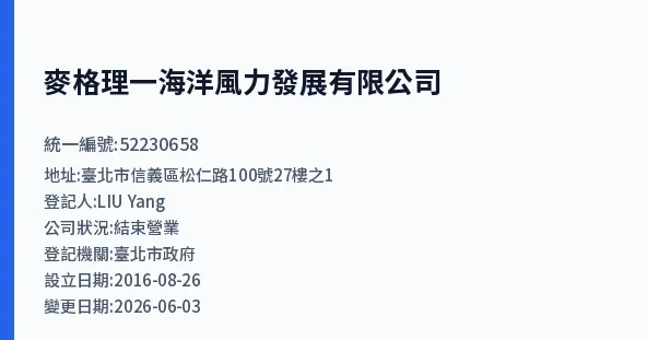 麥格理一海洋風力發展有限公司的照片-統編 52230658(臺北市) 公司登記資料與營業項目詳細圖表