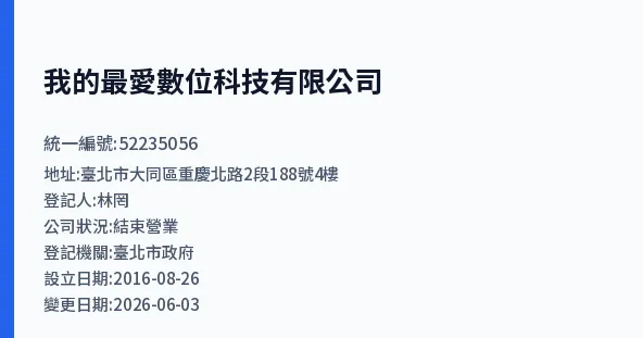 我的最愛數位科技有限公司的照片-統編 52235056(臺北市) 公司登記資料與營業項目詳細圖表