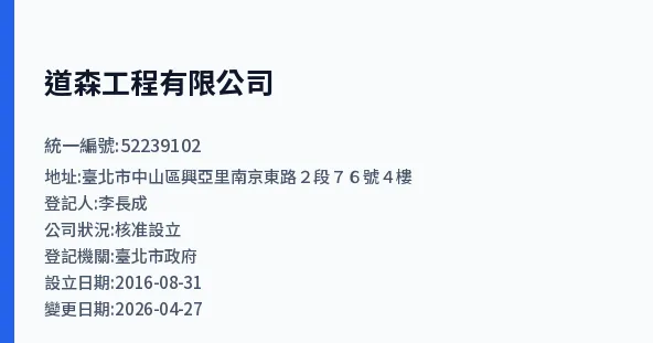 道森工程有限公司的照片-統編 52239102(臺北市) 公司登記資料與營業項目詳細圖表