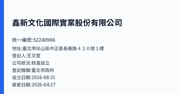 鑫新文化國際實業股份有限公司的照片-統編 52240966(臺北市) 公司登記資料與營業項目詳細圖表