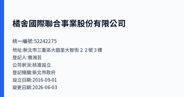橘舍國際聯合事業股份有限公司的照片-統編 52242275(新北市) 公司登記資料與營業項目詳細圖表