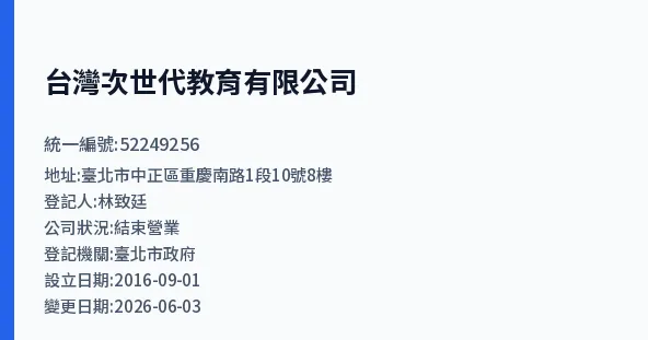 台灣次世代教育有限公司的照片-統編 52249256(臺北市) 公司登記資料與營業項目詳細圖表
