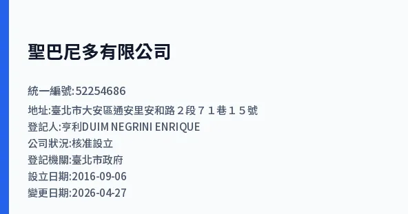 聖巴尼多有限公司的照片-統編 52254686(臺北市) 公司登記資料與營業項目詳細圖表