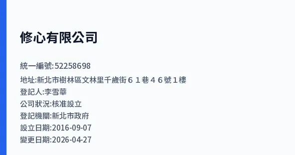 修心有限公司的照片-統編 52258698(新北市) 公司登記資料與營業項目詳細圖表