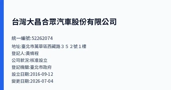 台灣大昌合眾汽車股份有限公司的照片-統編 52262074(臺北市) 公司登記資料與營業項目詳細圖表