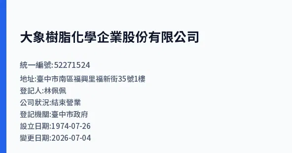 大象樹脂化學企業股份有限公司的照片-統編 52271524(臺中市) 公司登記資料與營業項目詳細圖表