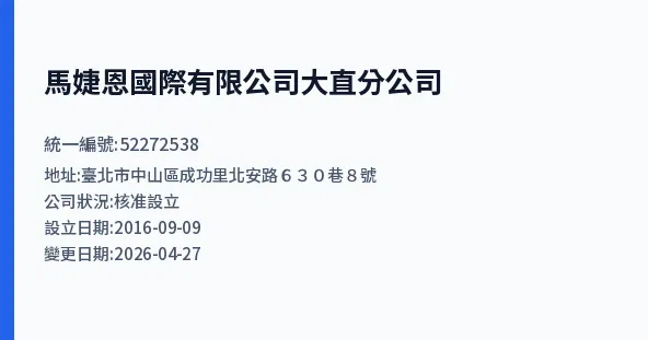 馬婕恩國際有限公司大直分公司的照片-統編 52272538(臺北市) 公司登記資料與營業項目詳細圖表