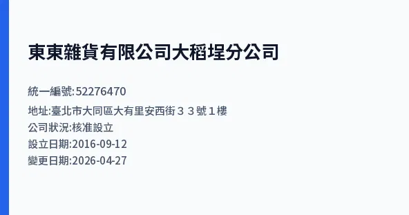 東東雜貨有限公司大稻埕分公司的照片-統編 52276470(臺北市) 公司登記資料與營業項目詳細圖表