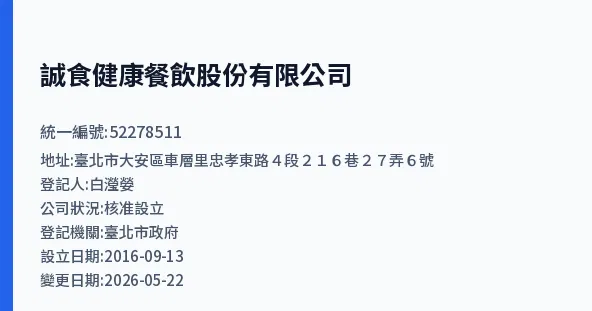 誠食健康餐飲股份有限公司的照片-統編 52278511(臺北市) 公司登記資料與營業項目詳細圖表
