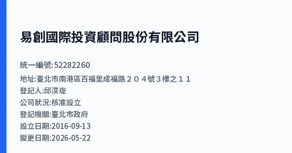 易創國際投資顧問股份有限公司的照片-統編 52282260(臺北市) 公司登記資料與營業項目詳細圖表