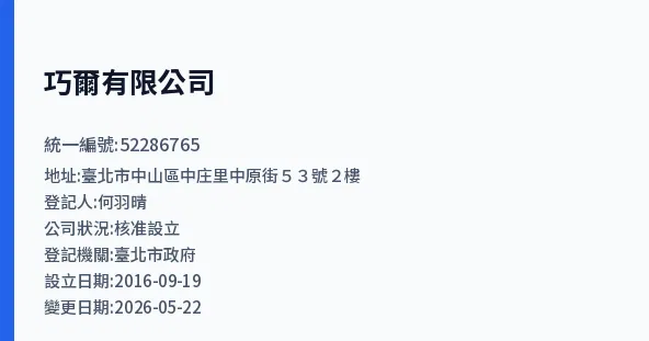 巧爾有限公司的照片-統編 52286765(臺北市) 公司登記資料與營業項目詳細圖表