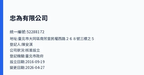忠為有限公司的照片-統編 52288172(臺北市) 公司登記資料與營業項目詳細圖表