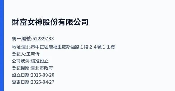 財富女神股份有限公司的照片-統編 52289783(臺北市) 公司登記資料與營業項目詳細圖表