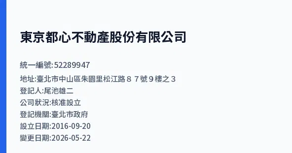 東京都心不動產股份有限公司的照片-統編 52289947(臺北市) 公司登記資料與營業項目詳細圖表