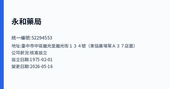 永和藥局的照片-統編 52294553(臺中市) 公司登記資料與營業項目詳細圖表