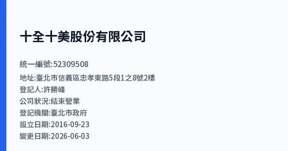 十全十美股份有限公司的照片-統編 52309508(臺北市) 公司登記資料與營業項目詳細圖表
