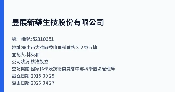 昱展新藥生技股份有限公司的照片-統編 52310651(臺中市) 公司登記資料與營業項目詳細圖表