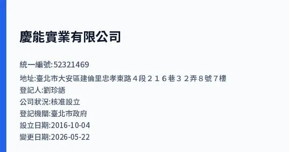 慶能實業有限公司的照片-統編 52321469(臺北市) 公司登記資料與營業項目詳細圖表