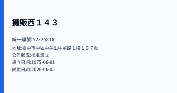 攤販西143的照片-統編 52325818(臺中市) 公司登記資料與營業項目詳細圖表