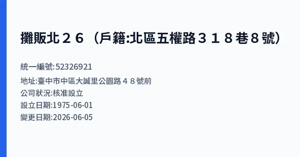 攤販北26(戶籍:北區五權路318巷8號)的照片-統編 52326921(臺中市) 公司登記資料與營業項目詳細圖表