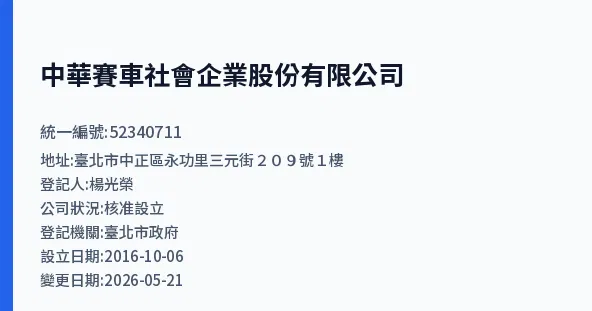 中華賽車社會企業股份有限公司的照片-統編 52340711(臺北市) 公司登記資料與營業項目詳細圖表
