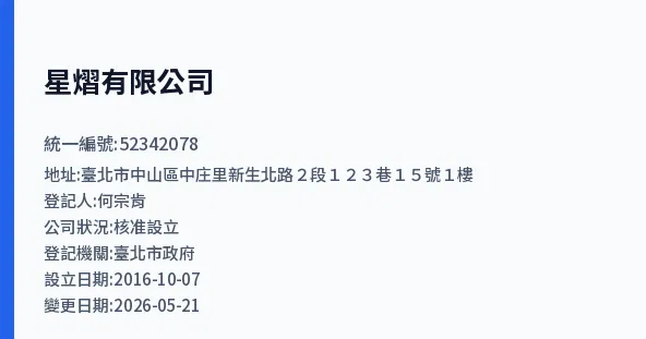 星熠有限公司的照片-統編 52342078(臺北市) 公司登記資料與營業項目詳細圖表