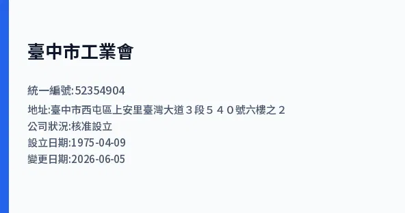 臺中市工業會的照片-統編 52354904(臺中市) 公司登記資料與營業項目詳細圖表
