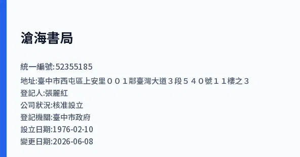 滄海書局的照片-統編 52355185(臺中市) 公司登記資料與營業項目詳細圖表