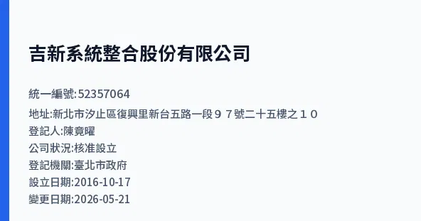 吉新系統整合股份有限公司的照片-統編 52357064(新北市) 公司登記資料與營業項目詳細圖表