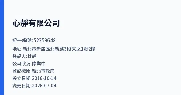 心靜有限公司的照片-統編 52359648(新北市) 公司登記資料與營業項目詳細圖表