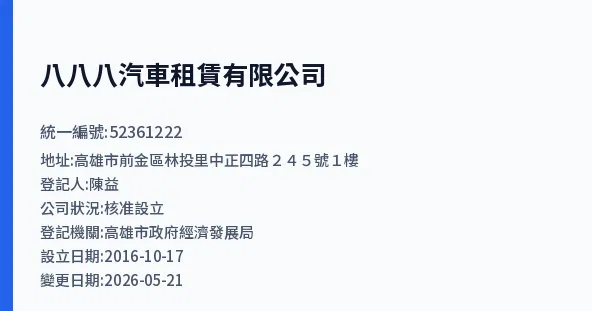 八八八汽車租賃有限公司的照片-統編 52361222(高雄市) 公司登記資料與營業項目詳細圖表