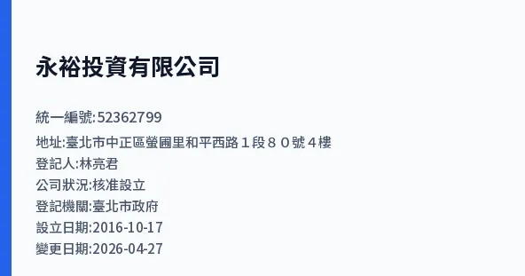 永裕投資有限公司的照片-統編 52362799(臺北市) 公司登記資料與營業項目詳細圖表