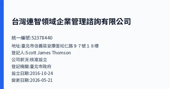 台灣連智領域企業管理諮詢有限公司的照片-統編 52378440(臺北市) 公司登記資料與營業項目詳細圖表