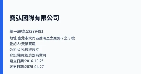 寶弘國際有限公司的照片-統編 52379481(臺北市) 公司登記資料與營業項目詳細圖表