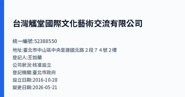 台灣觿堂國際文化藝術交流有限公司的照片-統編 52388550(臺北市) 公司登記資料與營業項目詳細圖表