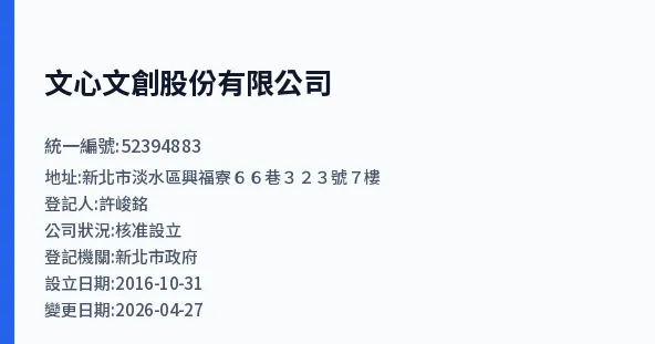 文心文創股份有限公司的照片-統編 52394883(新北市) 公司登記資料與營業項目詳細圖表