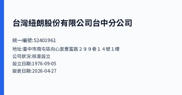 台灣紐朗股份有限公司台中分公司的照片-統編 52401961(臺中市) 公司登記資料與營業項目詳細圖表
